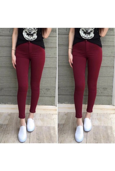 Rengamoda Gabardin Kumaş Yüksek Bel Pantolon (Bordo)