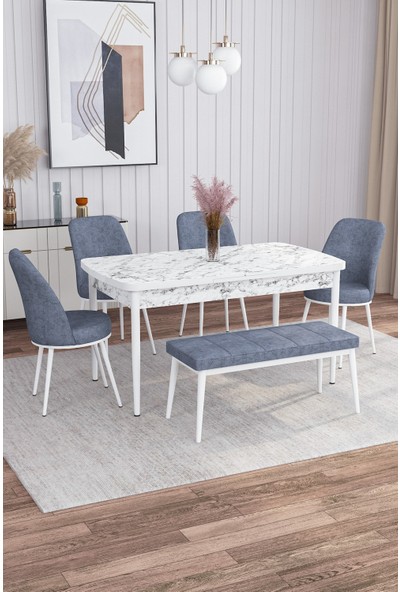 Rovena Azra Serisi Bench'li 80X132 Beyaz Mermer Desen Açılabilir Mdf Mutfak Masası Takımı + 4 Adet Sandalye