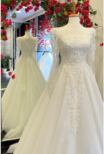 Sumella Couture Helen / Kırık Beyaz Kare Yaka A-Kesim Gelinlik SU12