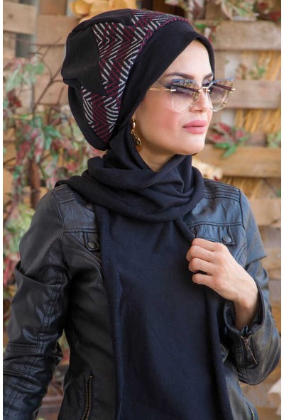 Karışık Cadde Siyah Bordo Atkılı Bere - 30202