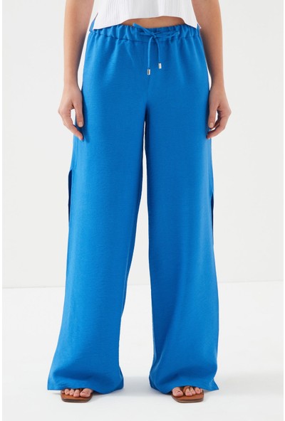 Just Like You Saks Mavisi Beli Lastikli Yırtmaçlı Palazzo Kadın Pantolon