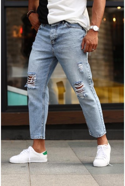 Bpm Erkek Yırtıklı Buz Mavisi Boyfriend Kot Pantolon