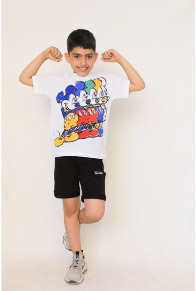 Erkek Çocuk Sıralı Mickey Baskılı Şortlu Alt Üst Takım 8651-