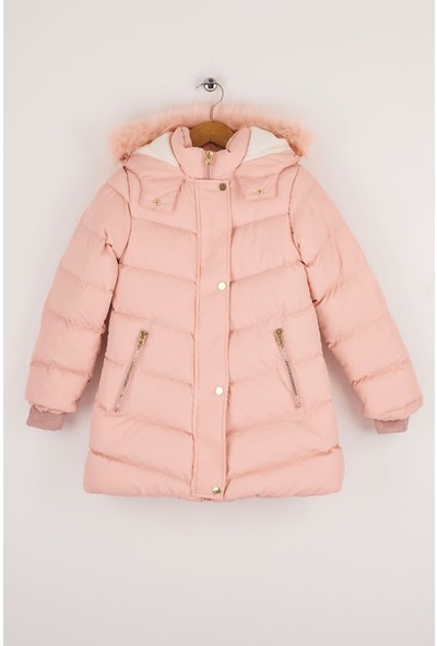 Mika Bebek Kürklü Kapüşonlu Ekstra Dolgulu Kız Çocuk Pudra Şişme Mont
