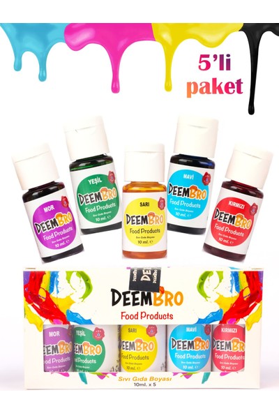 Deembro Sıvı Gıda Boyası Seti 5 Adet 5 Renk 10 ml x Su Bazlı Likit Gıda Boyaları Deembro Sıvı Gıda Boyası Seti 5 Adet 5 Renk 10 ml x Su Bazlı Likit Gıda Boyaları