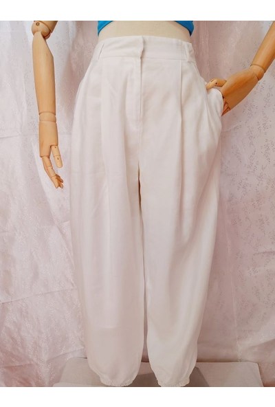 Gleamy Girls Beyaz Önü Pileli Keten Pantolon