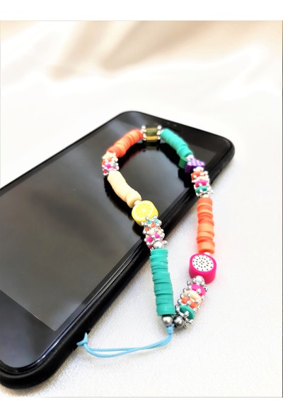 Meyva Figürlü Fimo Taşlı Mavi Ipli Telefon Askısı ve Charm