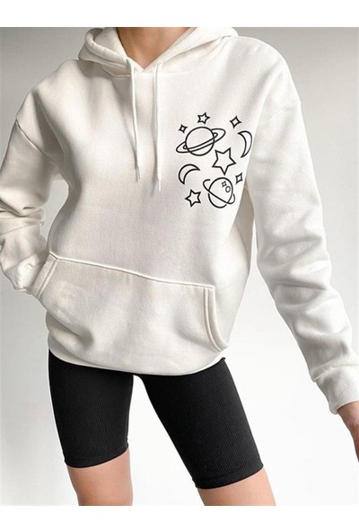 Online Sepetinde Saturn Baskılı Kapşonlu Beyaz Sweat