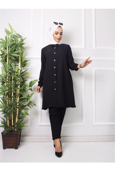 Online Sepetinde Kadın Düğme Detaylı Siyah Ikili Takım