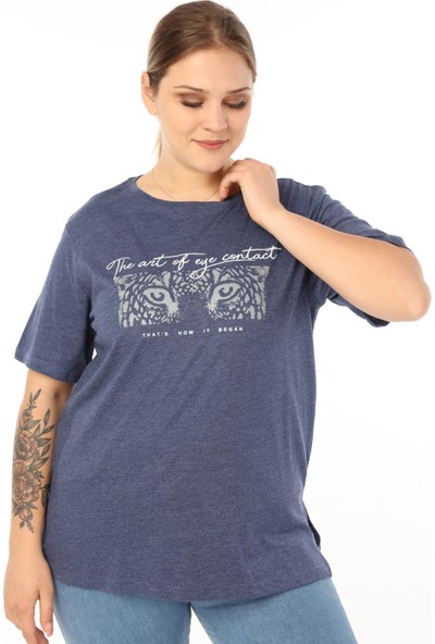 Pianoluce Kadın Büyük Beden Baskılı Yarım Kol T-Shirt Indigo