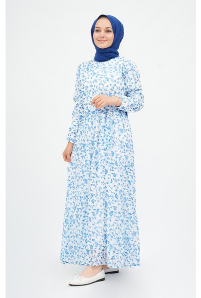 Afili Şifon Elbise 1698 Mavi - Ekru