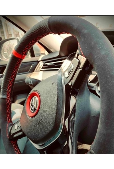 Dikmeli Direksiyon Kılıfı Alkantra Karbon Kırmızı Yüzüklü