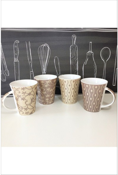 4'lü Porselen Çay Nescafe Kupası Fincanı Seti 360 ml Krem Kahverengi Desen 4'lü Porselen Çay Nescafe Kupası Fincanı Seti 360 ml Krem Kahverengi Desen