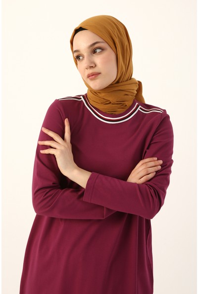 ALLDAY Yakası Şeritli Yırtmaçlı Uzun Tunik