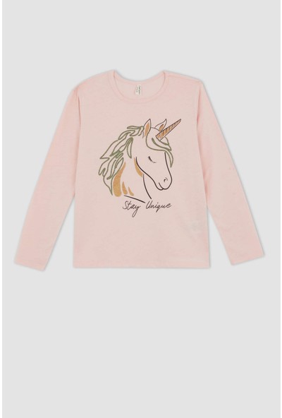 DeFacto Kız Çocuk Regular Fit Bisiklet Yaka Uzun Kollu Tişört Y3732A622AU