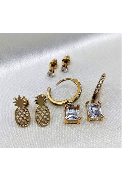 Vip Seri Küpe Gold Kaplama Ananas Figür Zirkon Taş 3 Çift