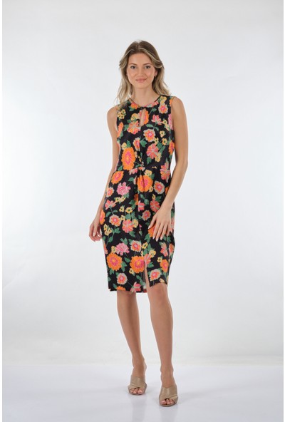Seçil Çiçekli Kolsuz Siyah Kadın Elbise 2212001055