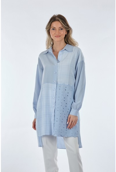 Scl Düz Yaka Uzun Kollu Mavi Kadın Gömlek 2212201049
