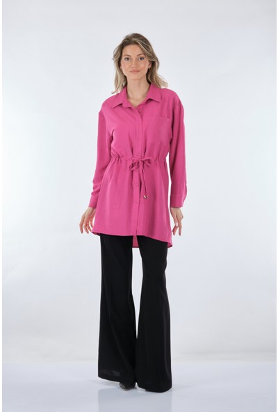 On Düz Yaka Cepli Fuşya Kadın Gömlek 22164321