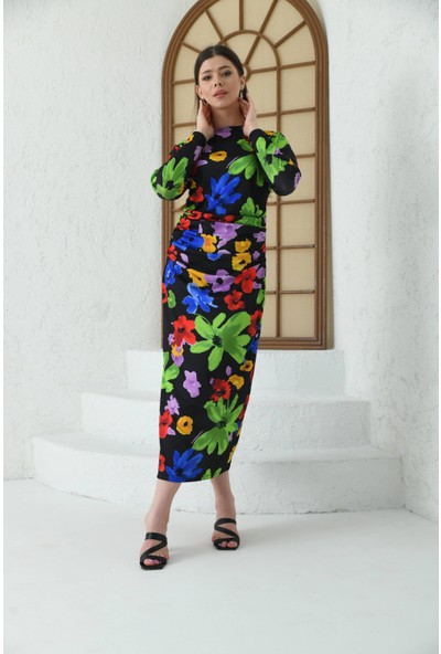 Mickey Max Siyah Baskılı Uzun Elbise