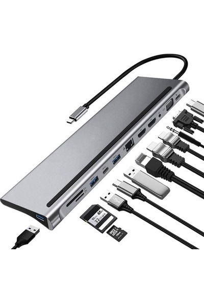 Comse 12 In 1 Type-C To Aux VGA RJ45 Lan Sd Tf 3x USB 2x Hdmı Macbook Uyumlu USB Hub Çoklayıcı Adaptör Comse 12 In 1 Type-C To Aux VGA RJ45 Lan Sd Tf 3x USB 2x Hdmı Macbook Uyumlu USB Hub Çoklayıcı Adaptör