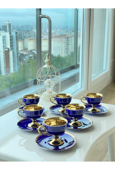 6 Kişilik Lacivert Gold Ayaklı Kahve Fincan Takım