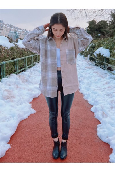 Online Sepetinde Kadın Bej Ekose Gömlek