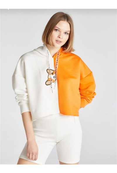 Online Sepetinde Köpek Desenli Turuncu Beyaz Kapşonlu Sweatshirt