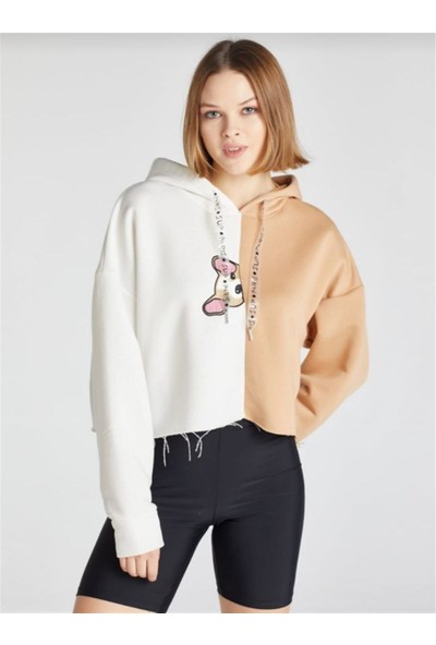 Online Sepetinde Köpek Desenli Kahverengi Beyaz Kapşonlu Sweatshirt