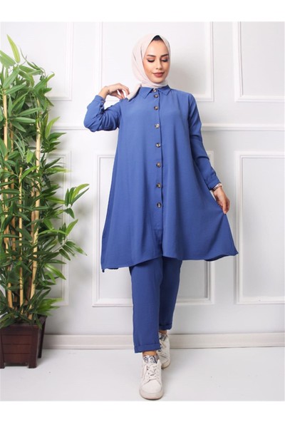 Online Sepetinde Kadın Düğme Detaylı Indigo Ikili Takım
