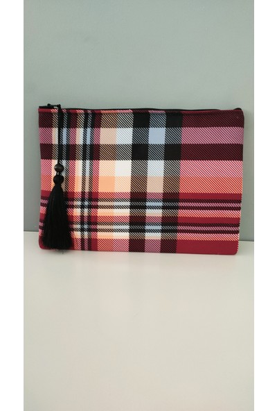 Tataroğlu Dijital Kumaş Bordo Zemin Üzerine Kareli Geometrik Desenli Clutch