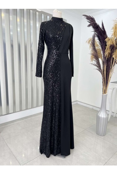 Piennar Mera Pul Payetli Drapeli Gizli Fermuarlı Hakim Yaka Tesettür Abiye Siyah