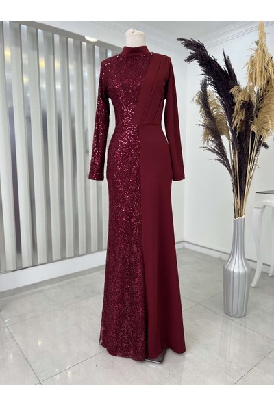 Piennar Mera Pul Payetli Drapeli Gizli Fermuarlı Hakim Yaka Tesettür Abiye Bordo