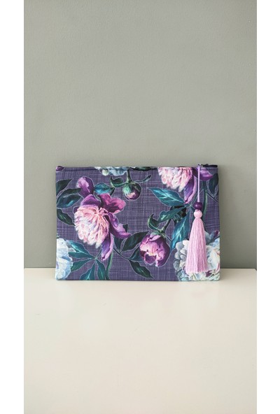 Tataroğlu Dijital Kumaş Mor Zemin Üzerine Keten Efektli Üzerine Çiçek Desenli Clutch