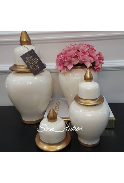 SZN Dekor 3'lü Krem Şah Küp, Dekoratif Vazo, Salon Aksesuarı, Anneler Günü Hediyesi