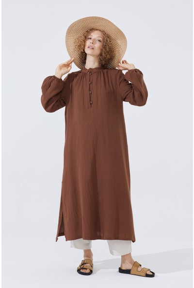 Fahhar Müslin Uzun Gömlek Tunik Acı Kahve