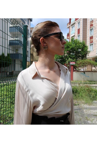 My Bonito Butik Kadın Saten Bağlamalı Gömlek Bej