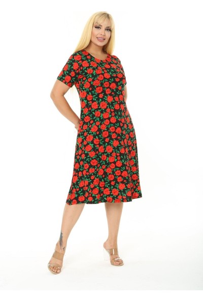 Modern Tesettür Çiçek Desenli Midi Elbise Kadın Büyük Beden