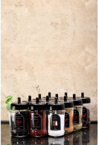 Decorfon Kapağı Kendinden Kaşıklı ve Etiketli Cam Baharatlık Seti 320 ml 12'li Decorfon Kapağı Kendinden Kaşıklı ve Etiketli Cam Baharatlık Seti 320 ml 12'li
