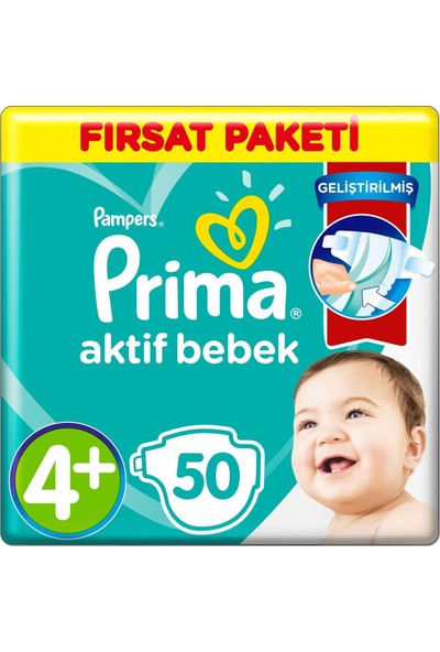Prima Bebek Bezi Aktif Bebek Fırsat Paketi 4+ Beden 50 Adet Prima Bebek Bezi Aktif Bebek Fırsat Paketi 4+ Beden 50 Adet