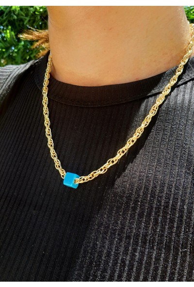 Kadın Içiçe Geçmeli Gold Zincir Mavi Boncuk Kolye
