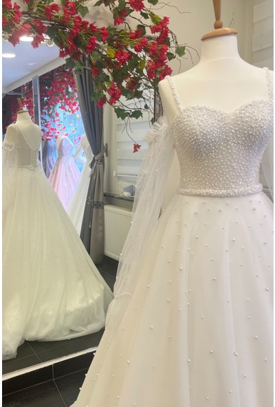 Sumella Couture Kırık Beyaz Kalp Yaka A-Kesim Gelinlik