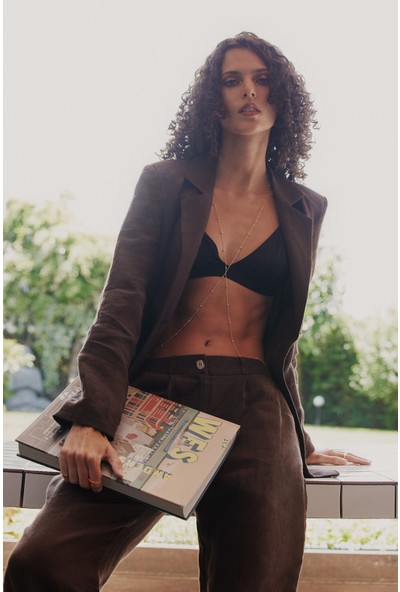 Vatkalı Oversize Keten Blazer Ceket Kahverengi