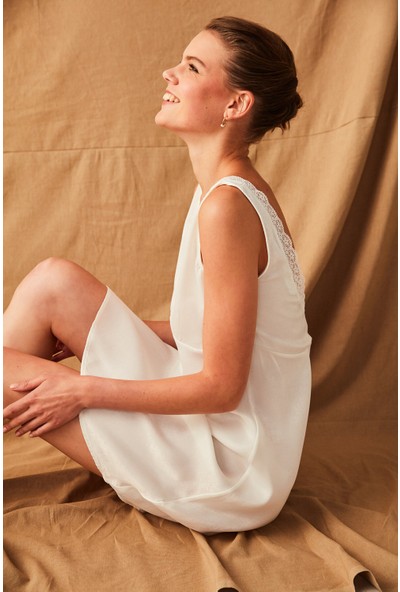 Penti Kar Beyaz Bridal Deate Satin Elbise