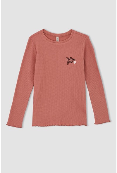 DeFacto Kız Çocuk Waffle Regular Fit Bisiklet Yaka Cep Baskılı Uzun Kollu Tişört Y5963A622AU