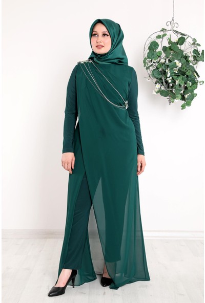 Ahsen Nisaca Şifon Taş Aksesuarlı Tesettür Şık Tulum Zümrüt Ahsen Nisaca Şifon Taş Aksesuarlı Tesettür Şık Tulum Zümrüt