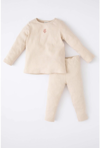 DeFacto Kız Bebek Regular Fit Fitilli Kaşkorse Uzun Kollu Pijama Takımı Y4168A222AU DeFacto Kız Bebek Regular Fit Fitilli Kaşkorse Uzun Kollu Pijama Takımı Y4168A222AU