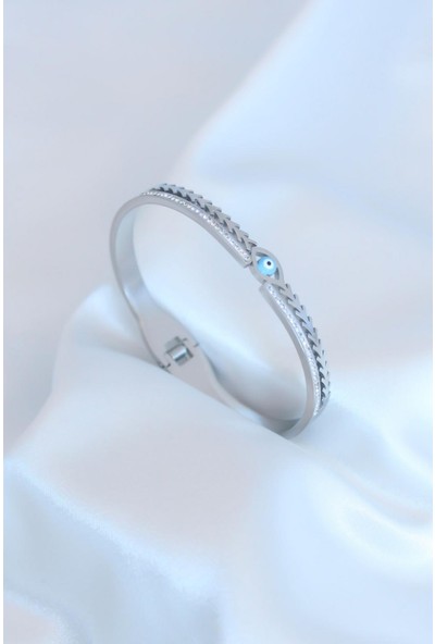 Gümüş Renk Nazar Boncuk Figür Zirkon Taş Detay Çelik Kadın Bileklik Gümüş Renk Nazar Boncuk Figür Zirkon Taş Detay Çelik Kadın Bileklik