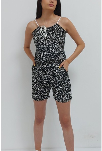 Şortlu Cepli Tulum Siyah