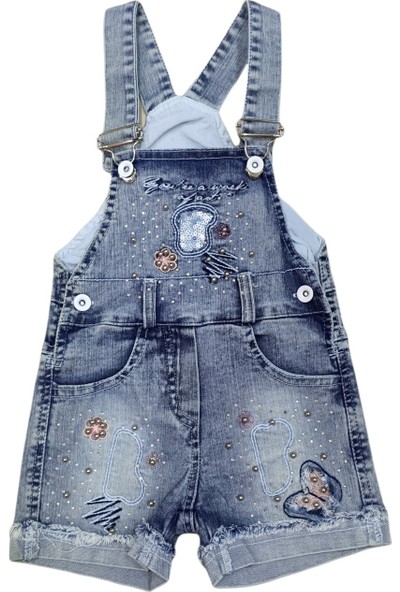 Miss Milano Kız Çocuk Taş ve Nakış Desenli Kot Salopet